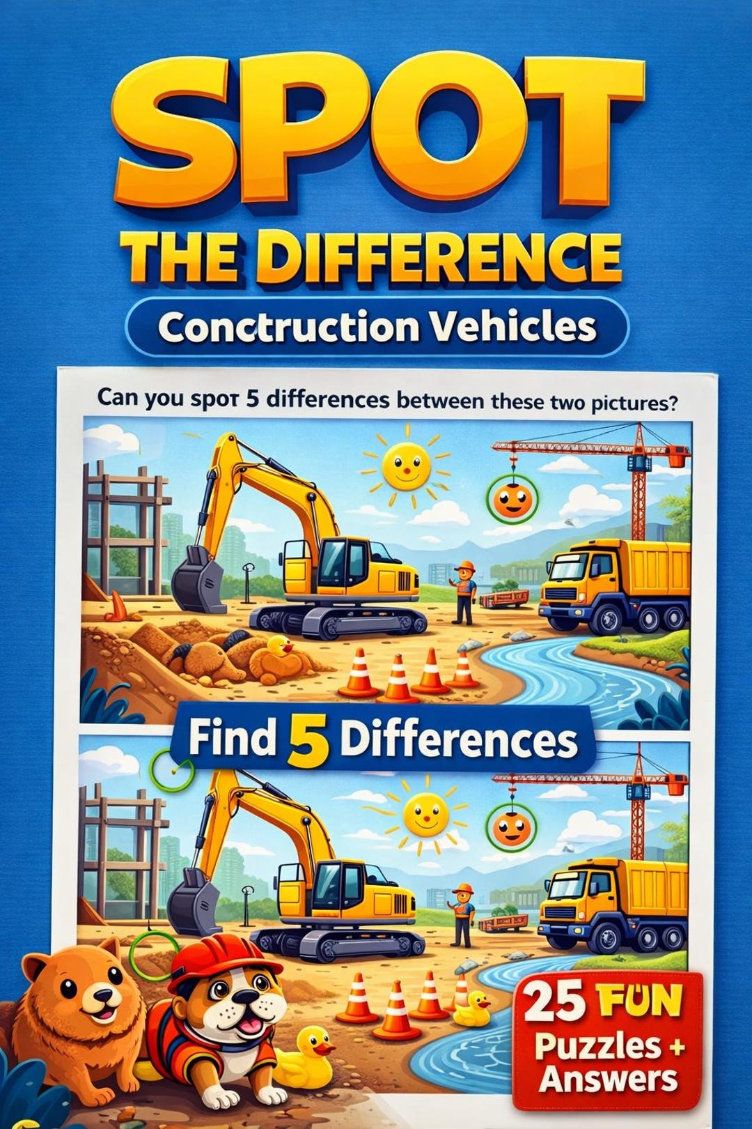 Construction Vehicles Spot the Difference Puzzle Book, Kids Activity ...