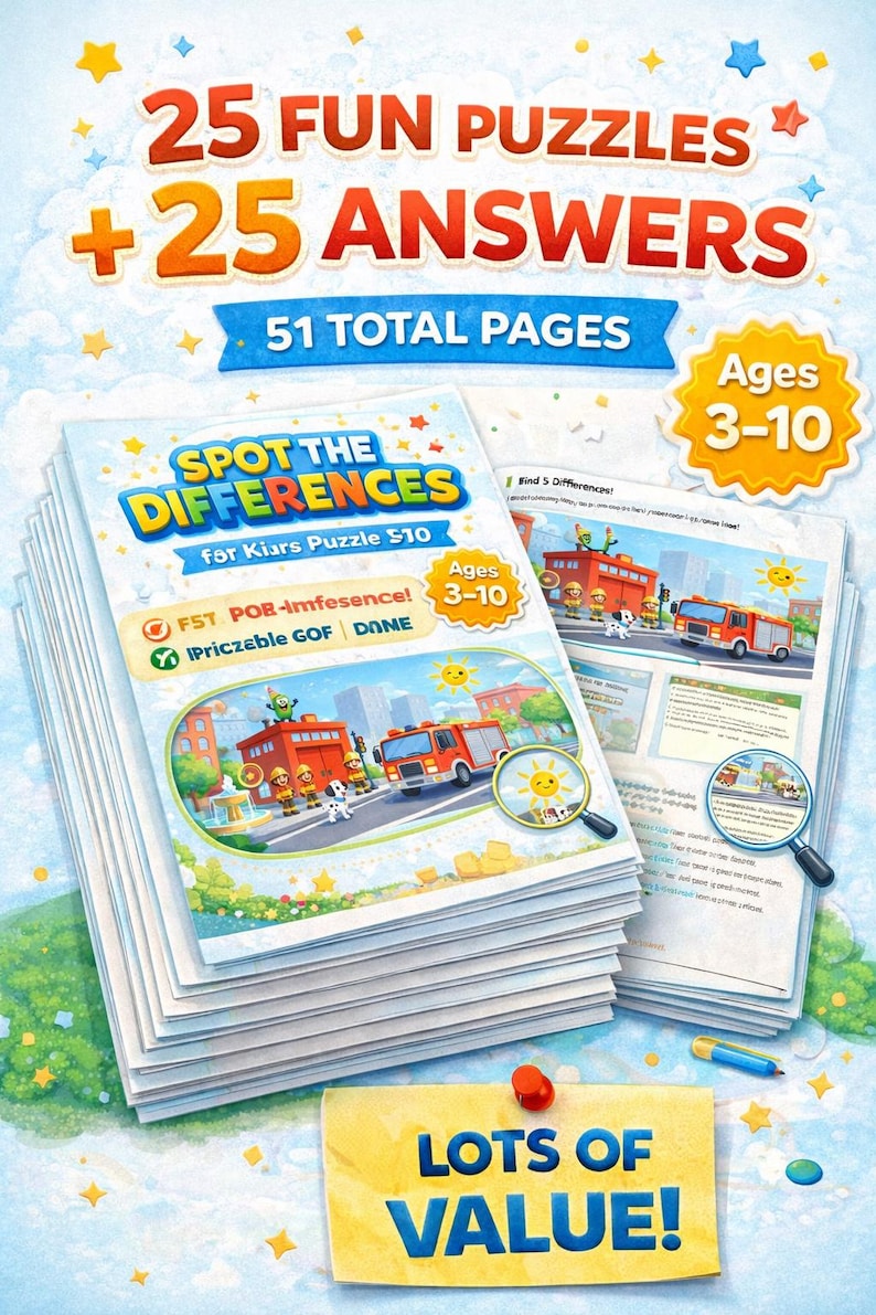 Spot the Difference Kids Book, 25 Puzzles Ages 3-10 (printable PDF) - Etsy