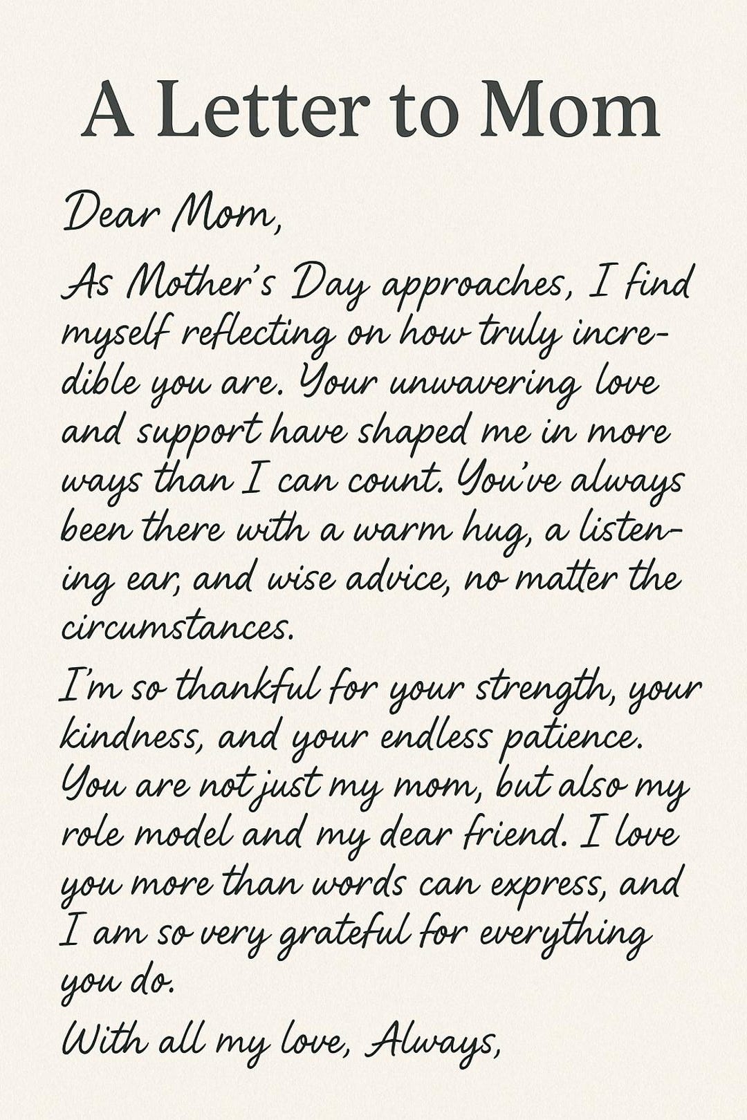 Dear Mom Letter Card | Handwritten-style Mother’s Day Printable | Full ...