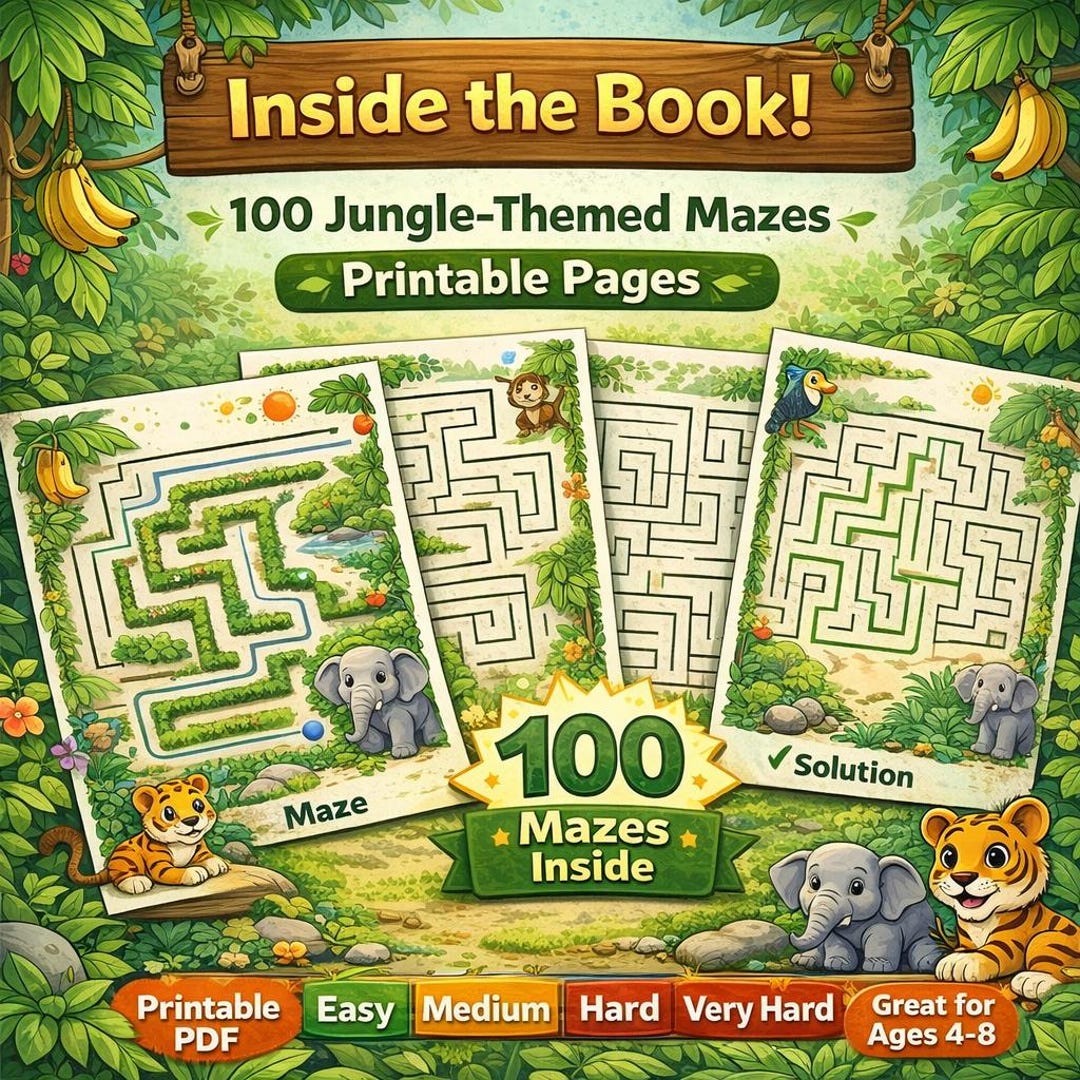 Jungle Animal Maze Book for Kids | 100 Printable Mazes + Solutions ...