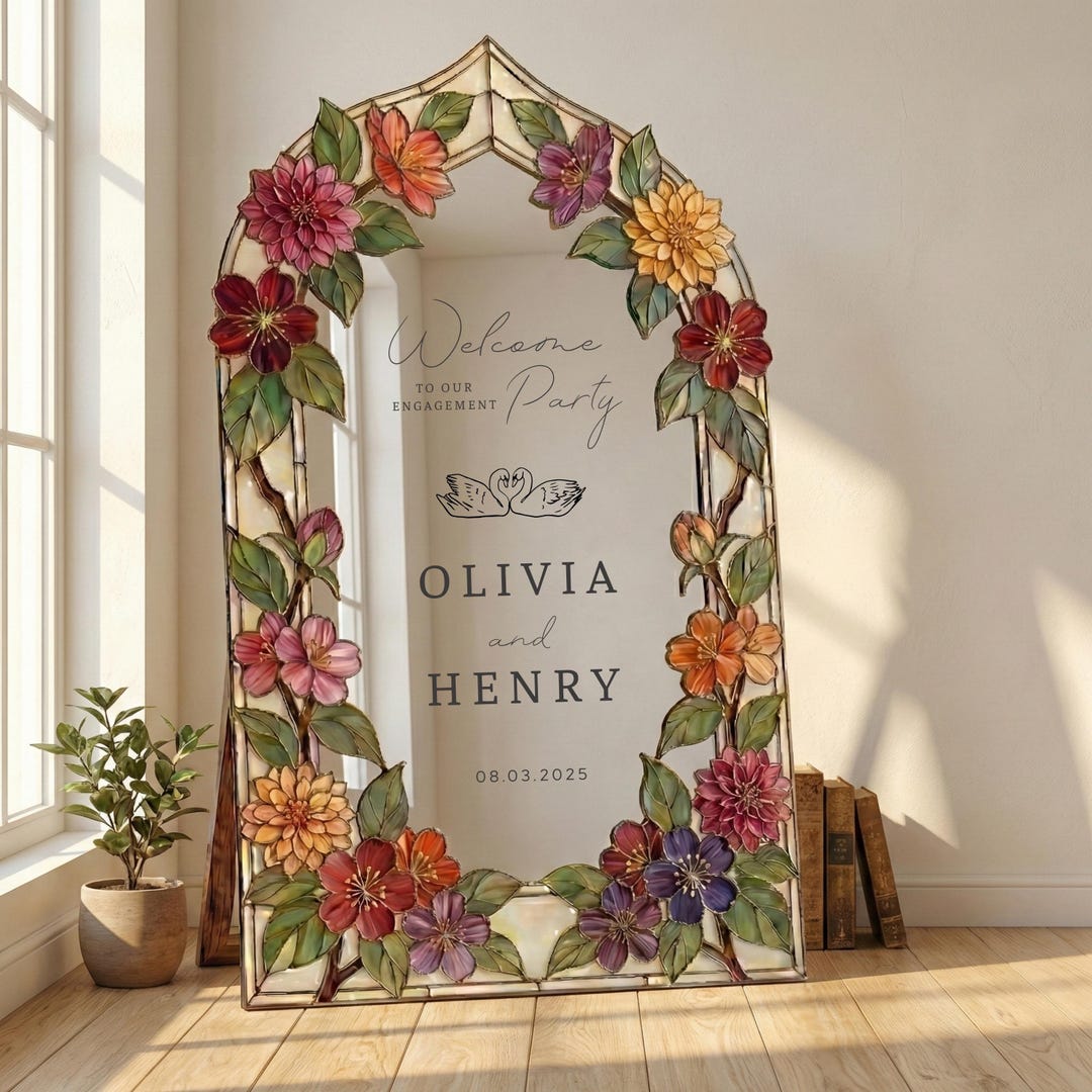 Faux Stained Glass Wedding Welcome Sign With Dahlia Floral, Custom ...