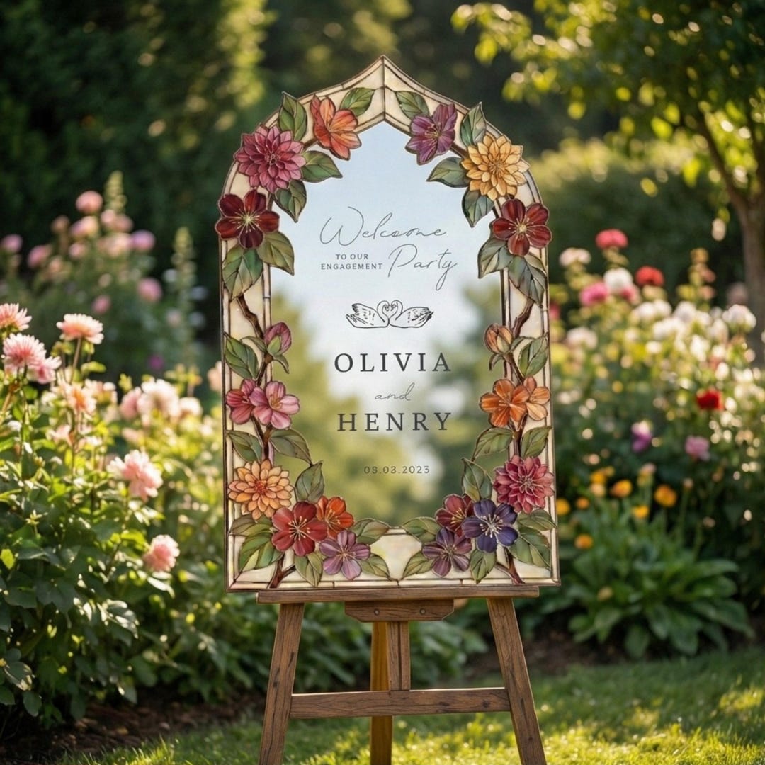 Stained Glass Style Wedding Welcome Sign, Dahlia Floral Design, Custom ...
