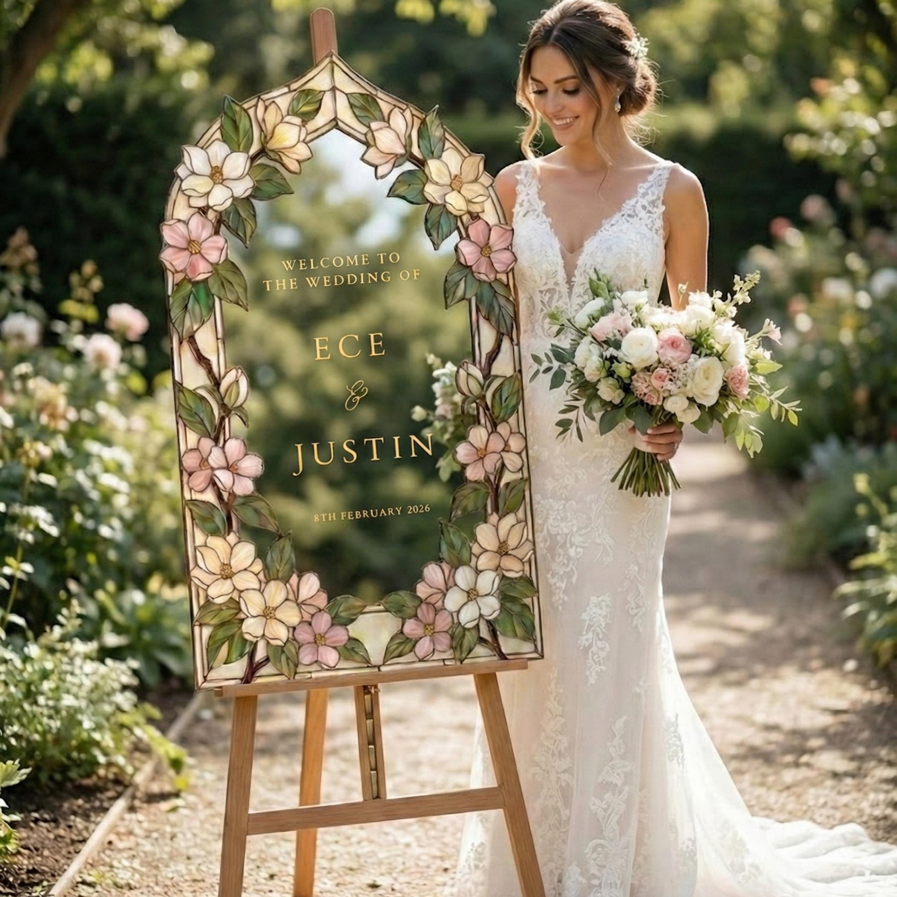 Wedding Welcome Sign Stained Glass Magnolia Floral, Custom Acrylic ...