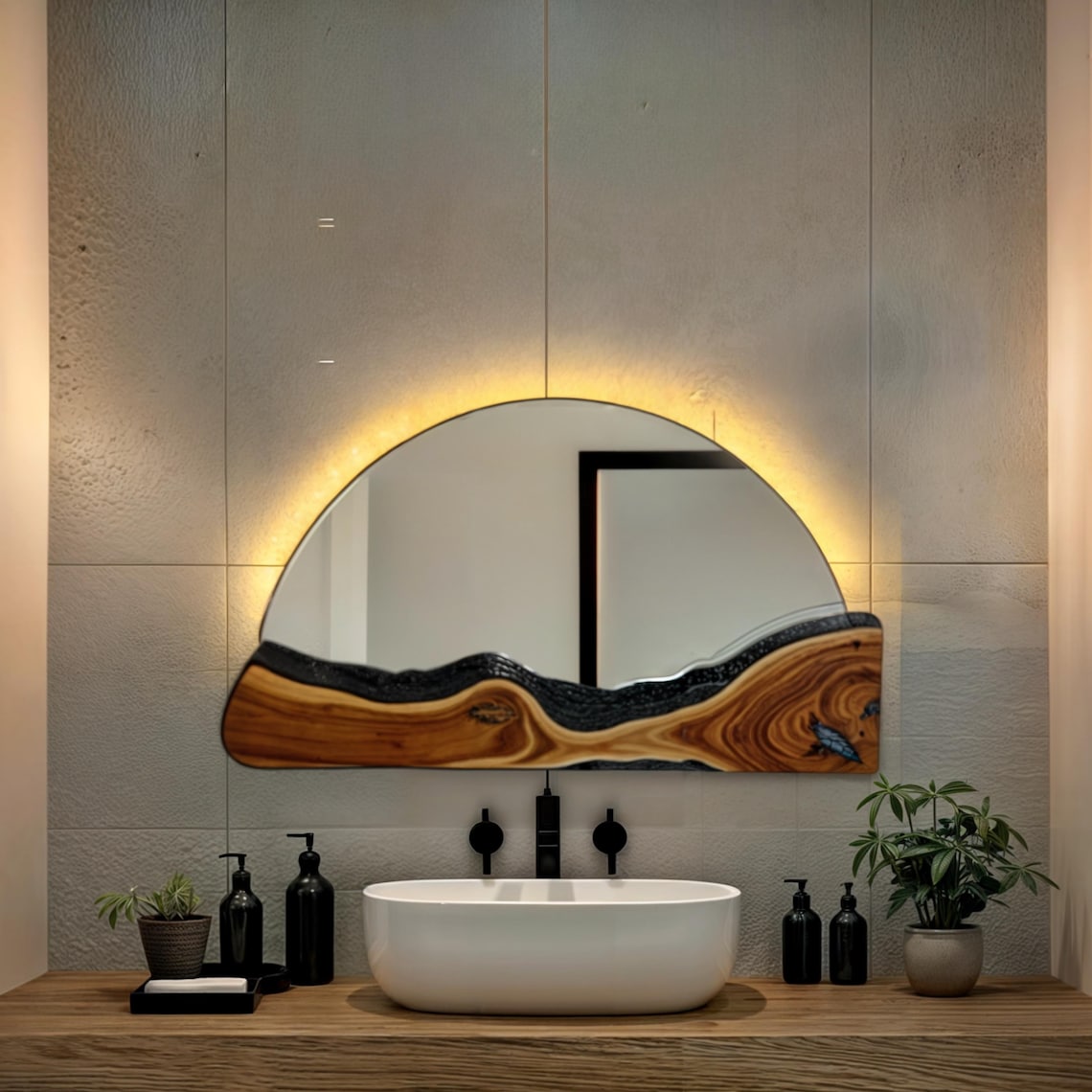 Handmade Natural Led Mirror, Olive Wood Led Mirror, Bathroom Led Mirror ...