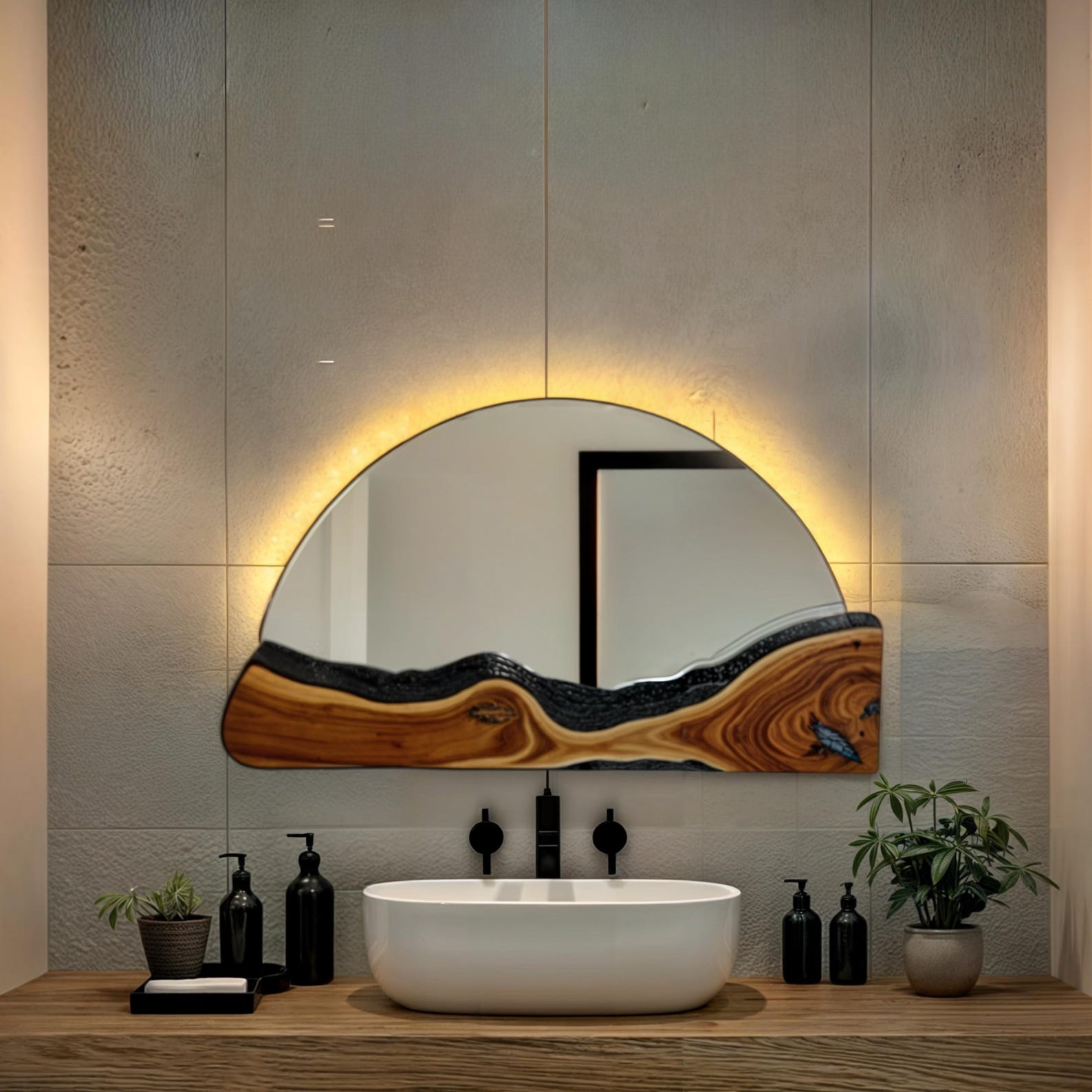 Half Circle Wood Led Mirror, Half Moon Bathroom Led Mirror, Olive Frame ...