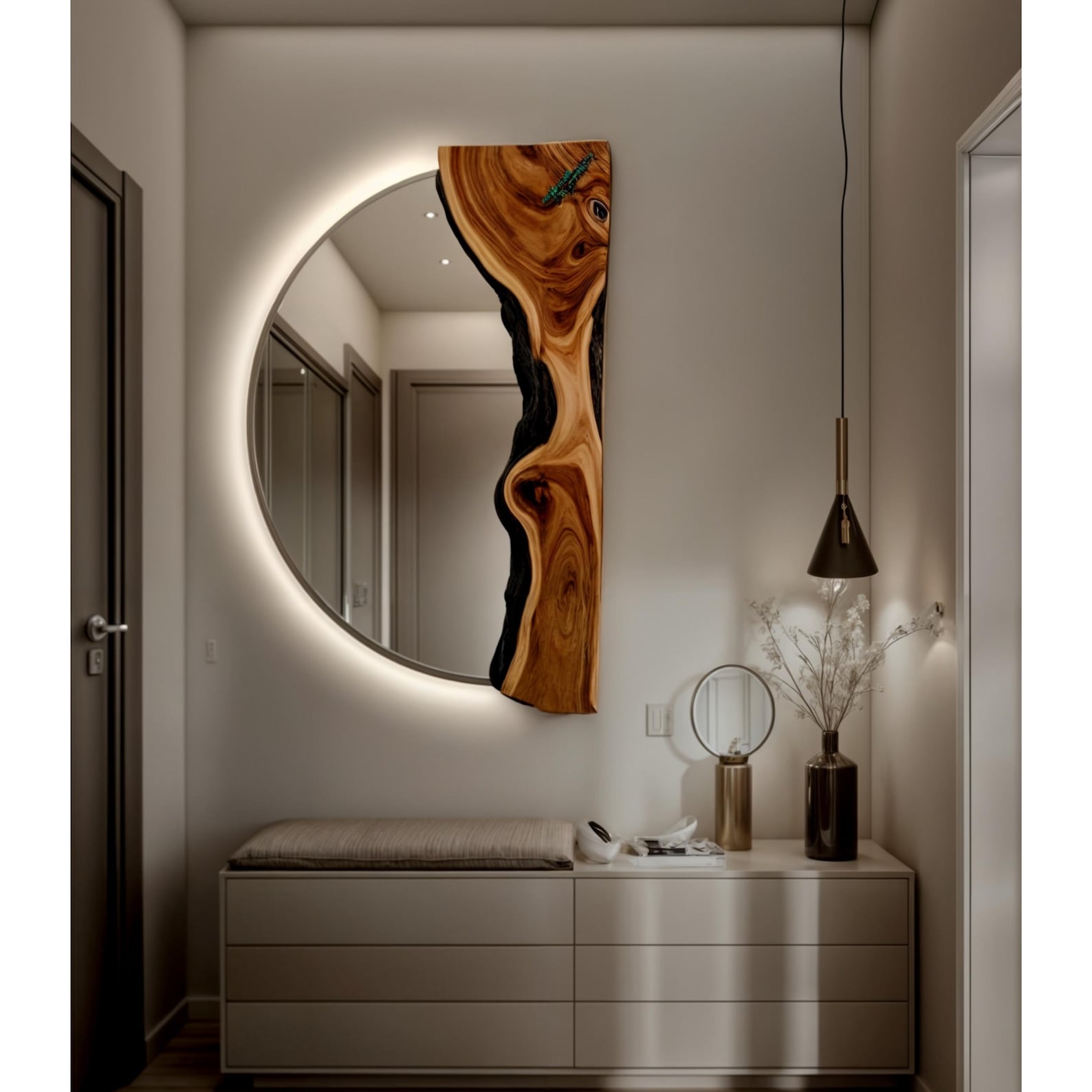 Half Circle Wood Led Mirror, Half Moon Bathroom Led Mirror, Olive Frame Backlit Mirror, Radius ...