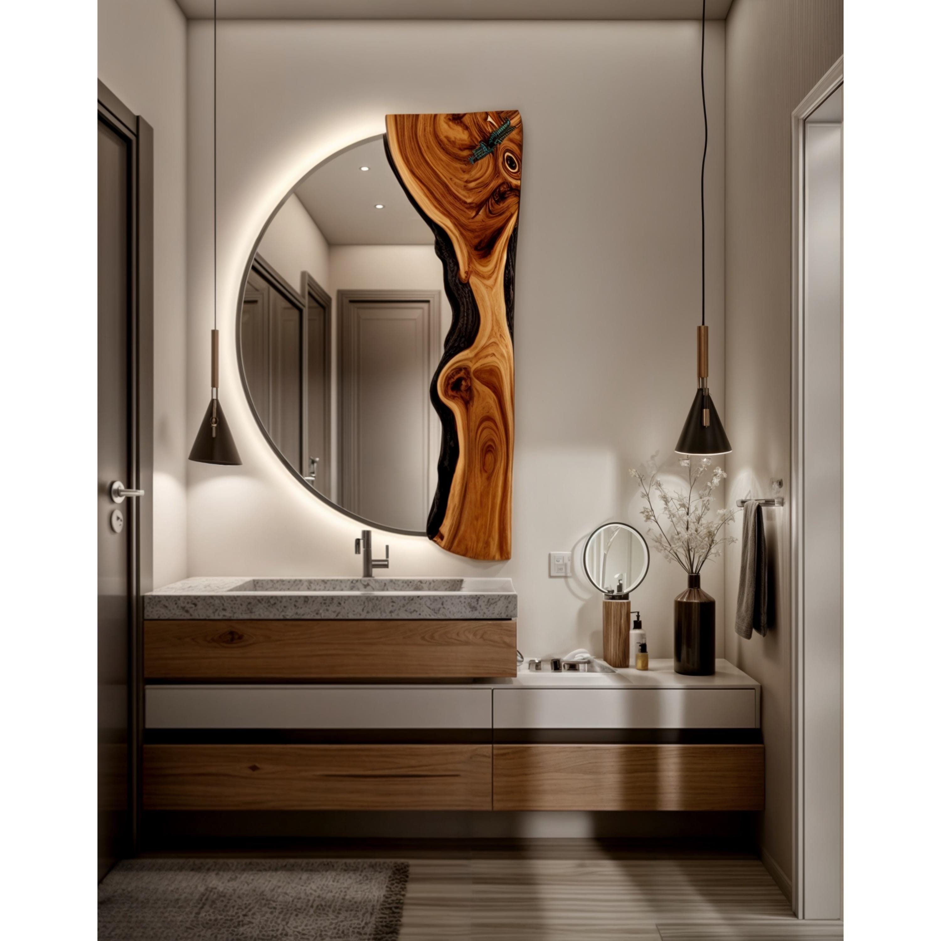 Half Circle Wood Led Mirror, Half Moon Bathroom Led Mirror, Olive Frame Backlit Mirror, Radius ...