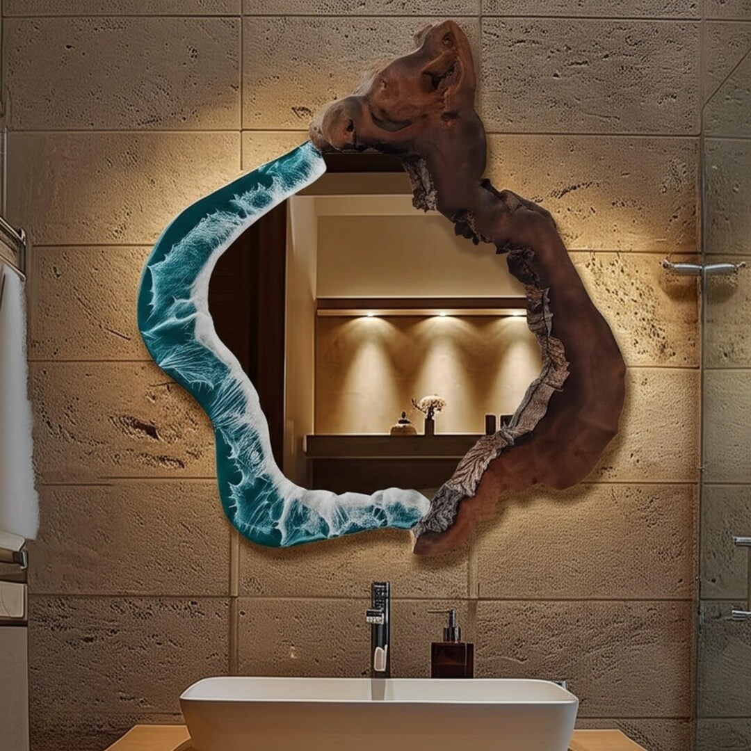 Irregular Wave Epoxy & Wood Mirror, Asymmetric Wood and Epoxy Frame ...