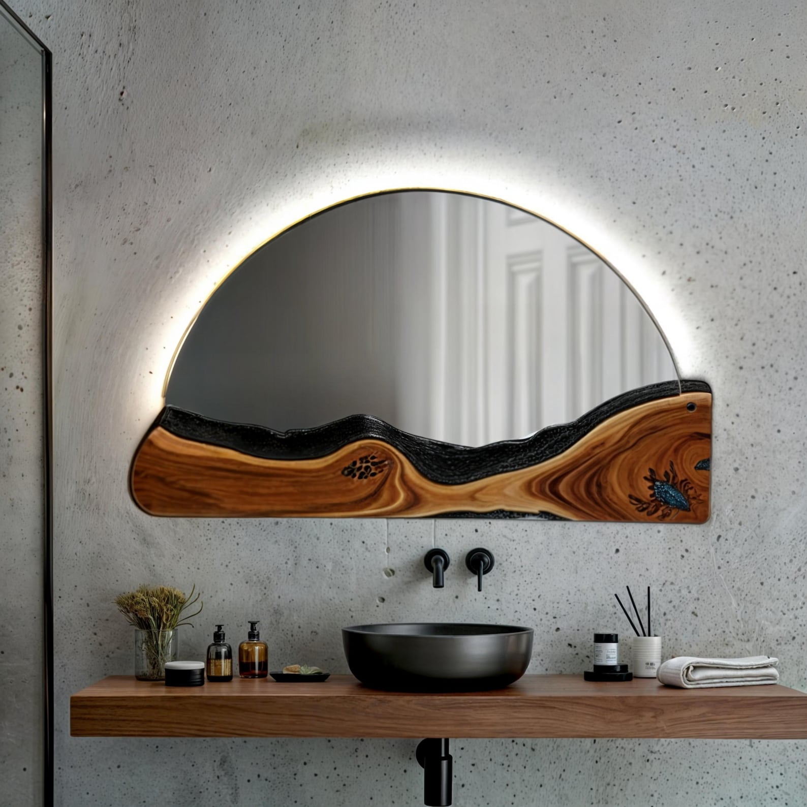 Half Circle Wood Led Mirror, Half Moon Bathroom Led Mirror, Olive Frame Backlit Mirror, Radius ...
