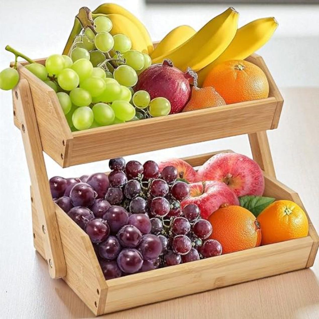 2-tier Bamboo Fruit Basket – Rustic Kitchen Countertop Organizer - Etsy