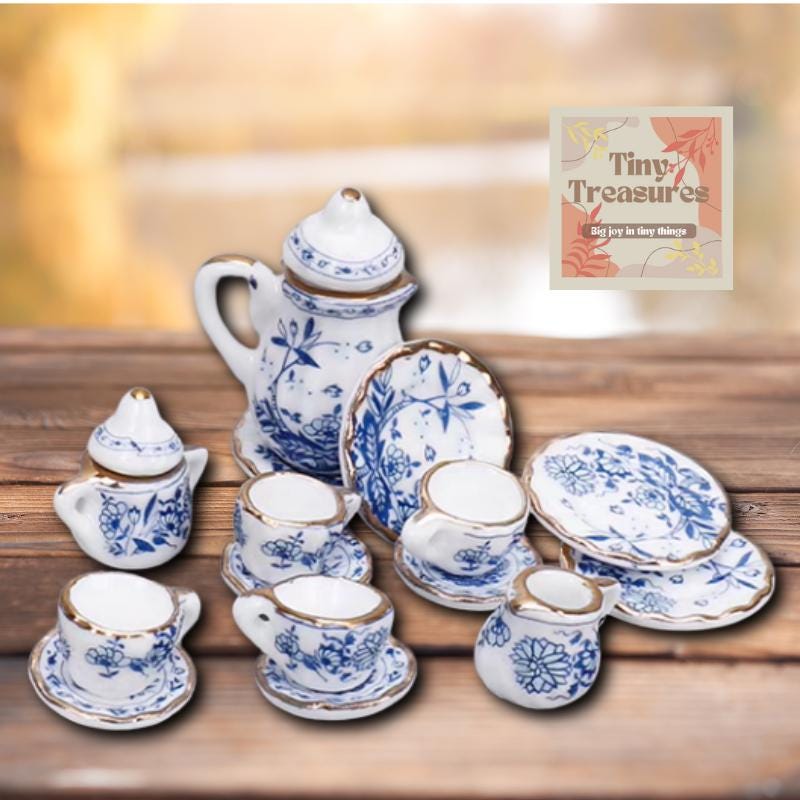 Miniature Porcelain Tea Set – 15-piece Dollhouse Tea Set, 1:12 Scale ...