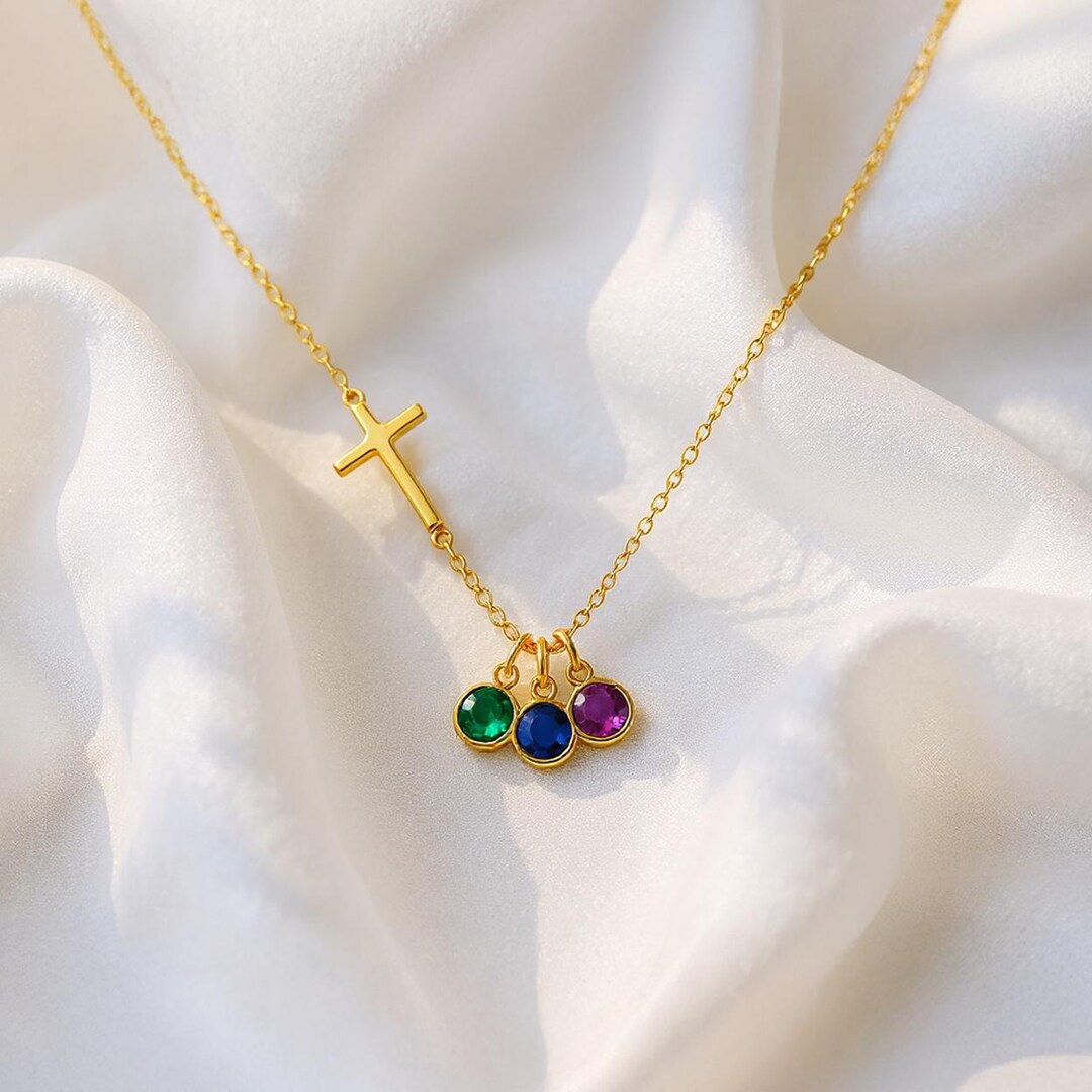 Cross Birthstone Necklace, Custom Birthstone Pendant, Christian Cross ...