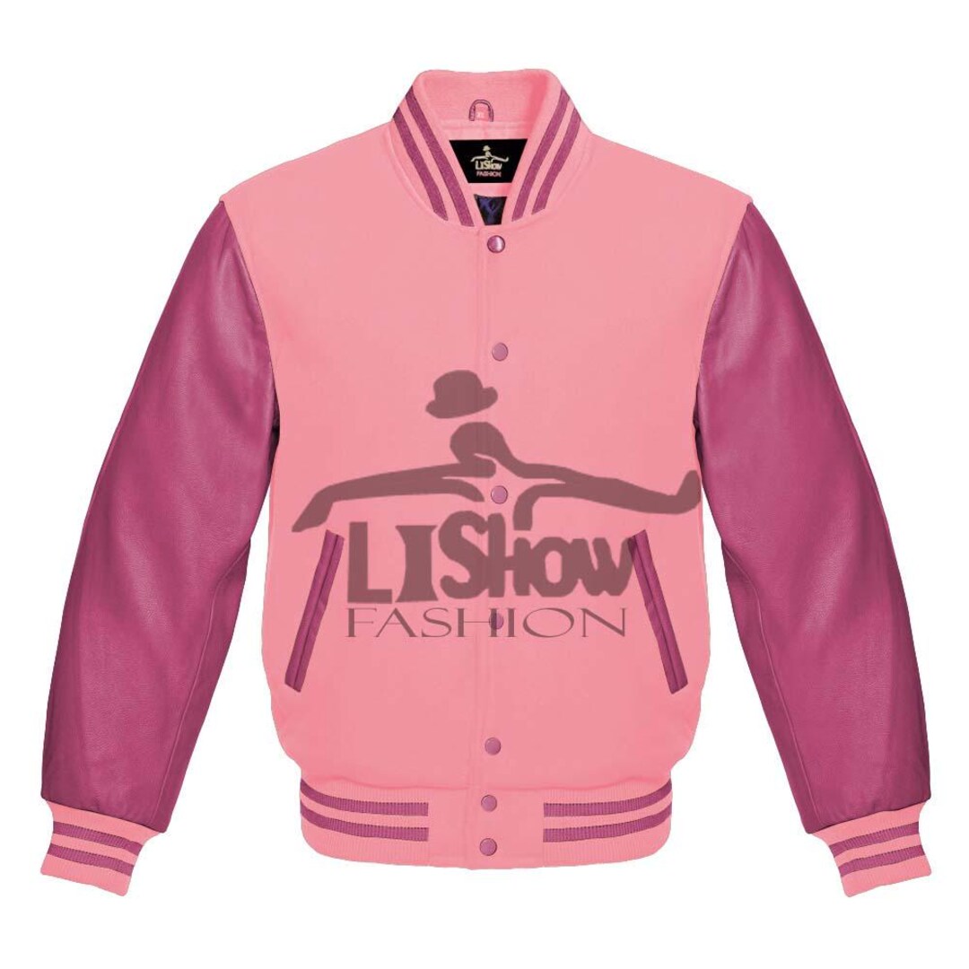 Men's Varsity Baseball Letterman Bomber Jacket Baby Pink Wool & Pink ...