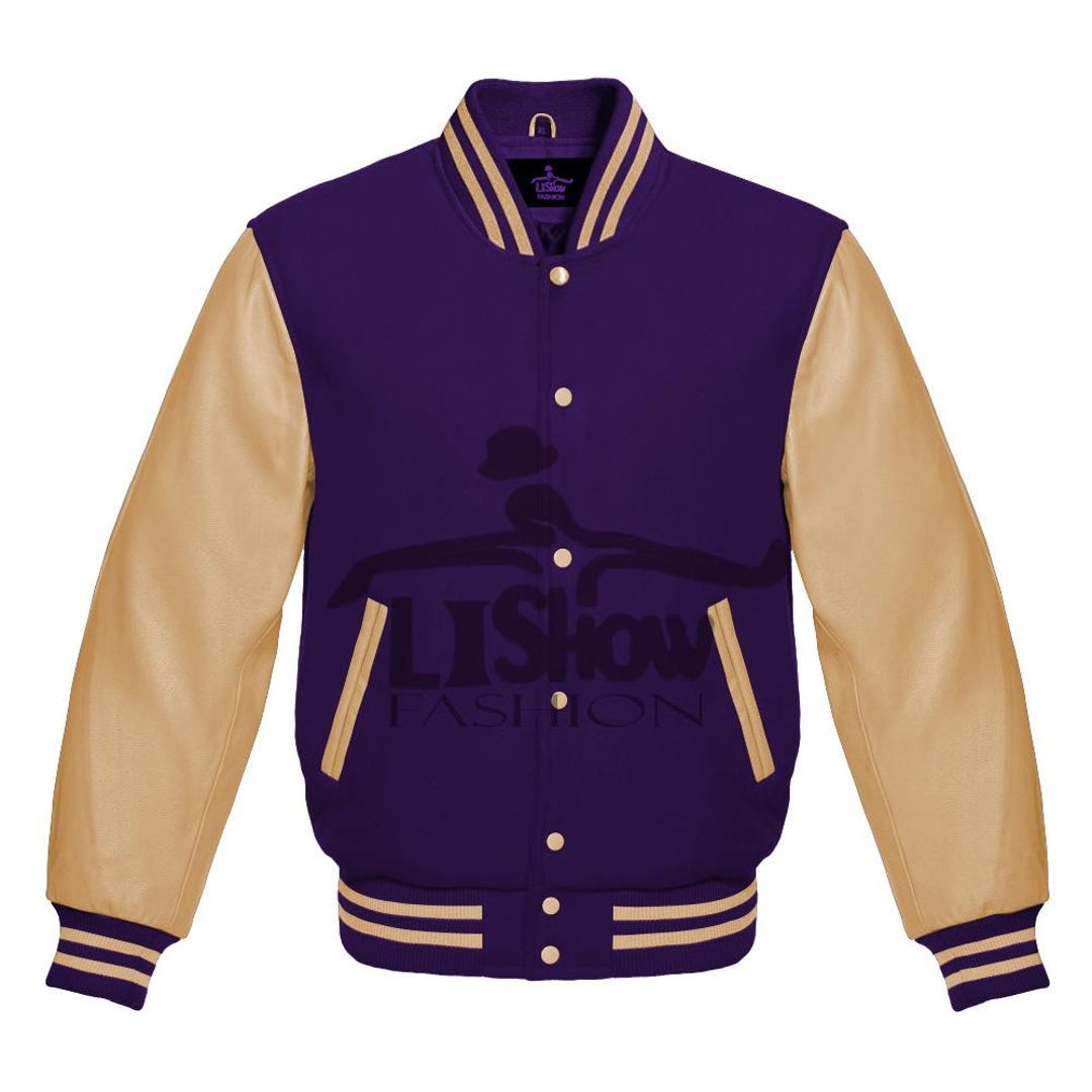 Men's Varsity Baseball Letterman Bomber Jacket Purple Wool & Dark Cream ...