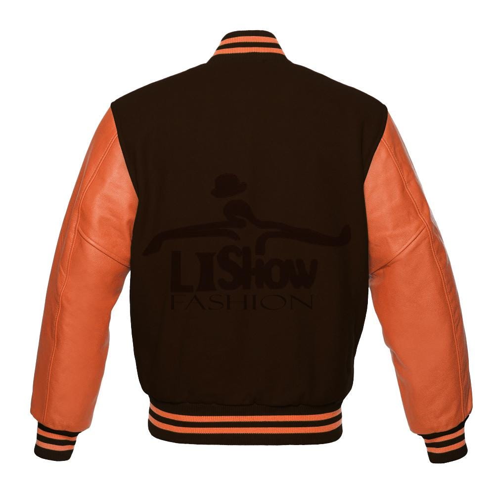 Men's Varsity Baseball Letterman Bomber Jacket Brown Wool & Orange ...