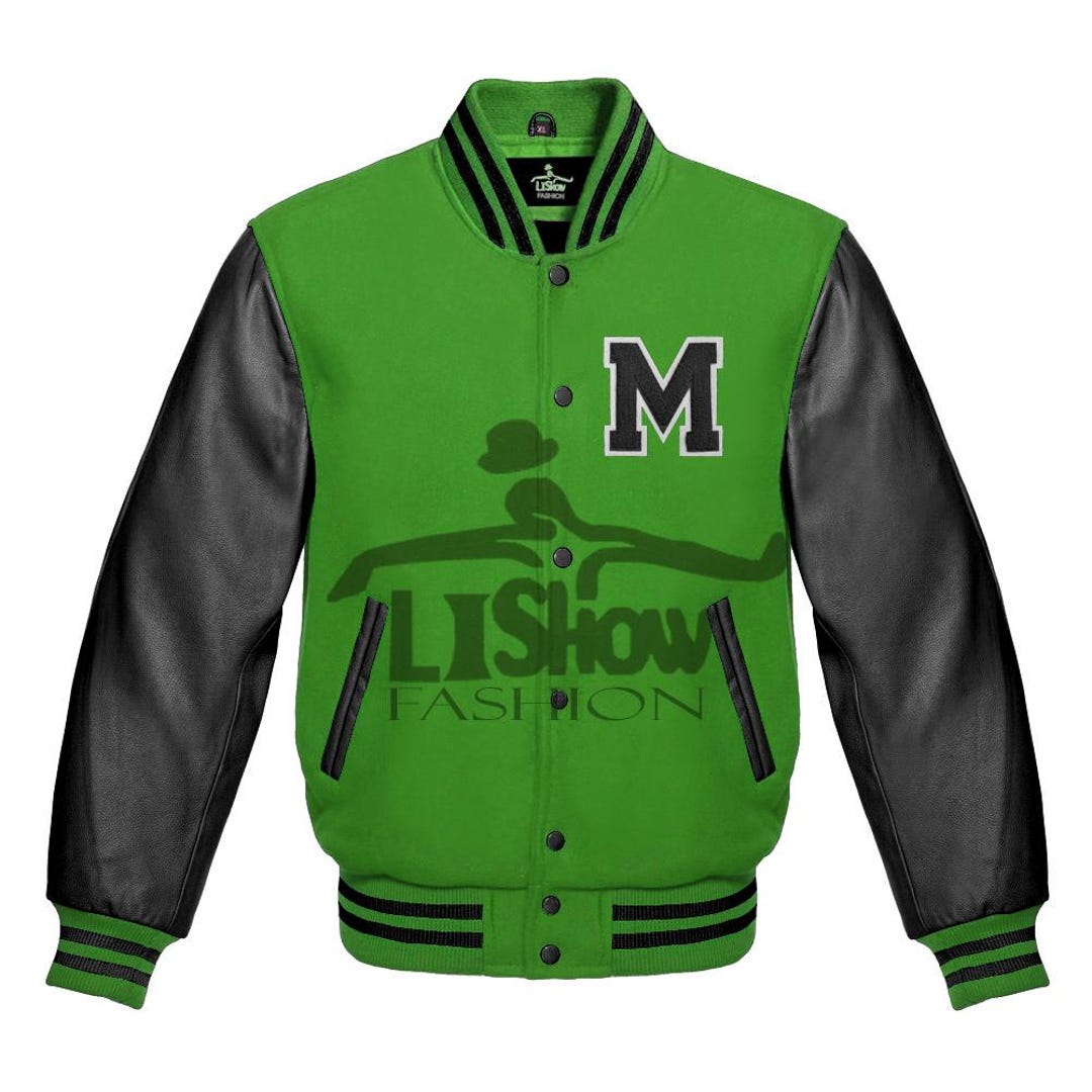 Men's Varsity Baseball Letterman Bomber M Logo Jacket Kelly Green Wool ...