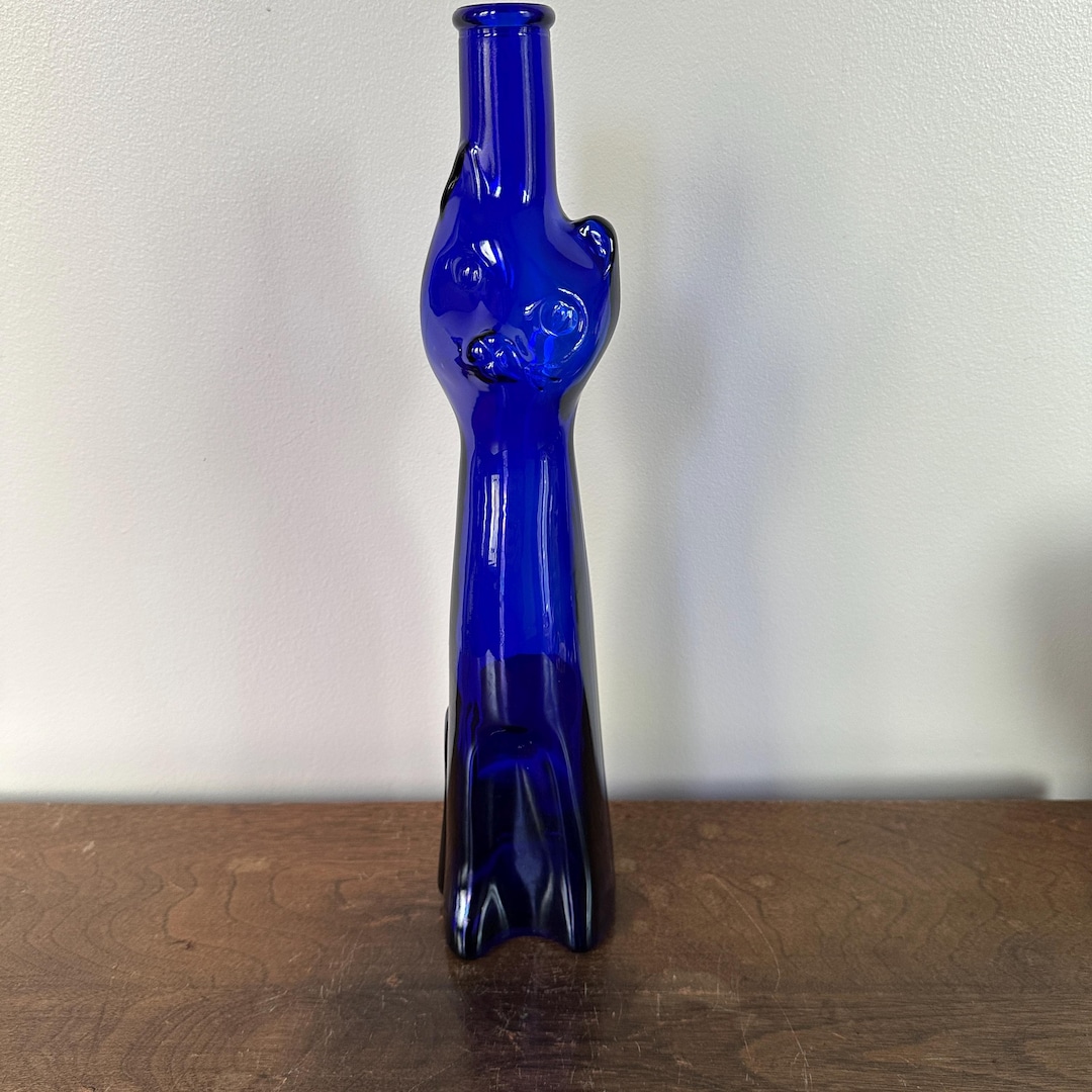 Vintage Blue Cobalt Glass Happy Cat Collectible Wine Bottle 1999 - Etsy