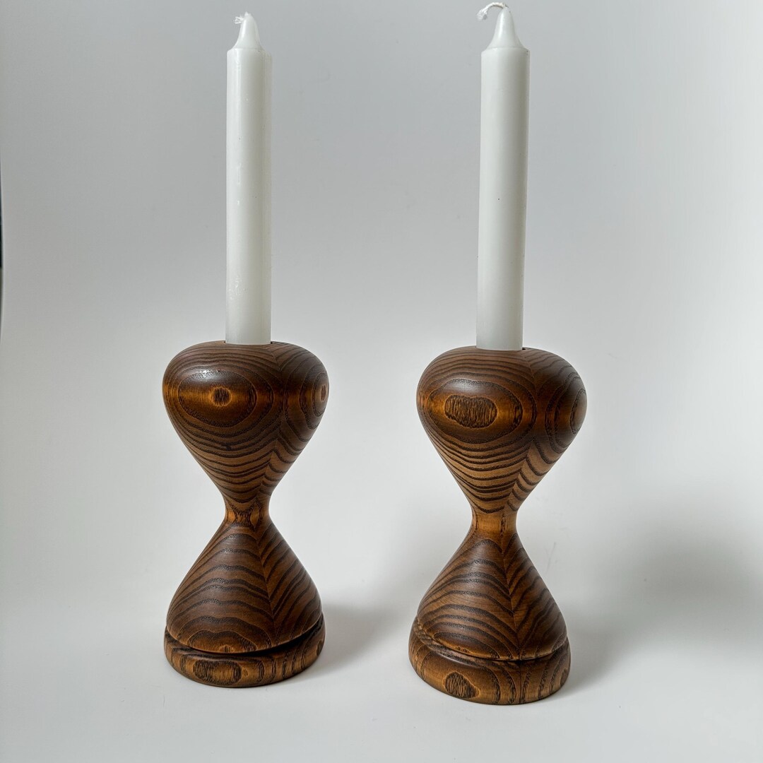 Vintage Wooden Candle Holders – Hand-turned Hourglass Shape for Taper ...