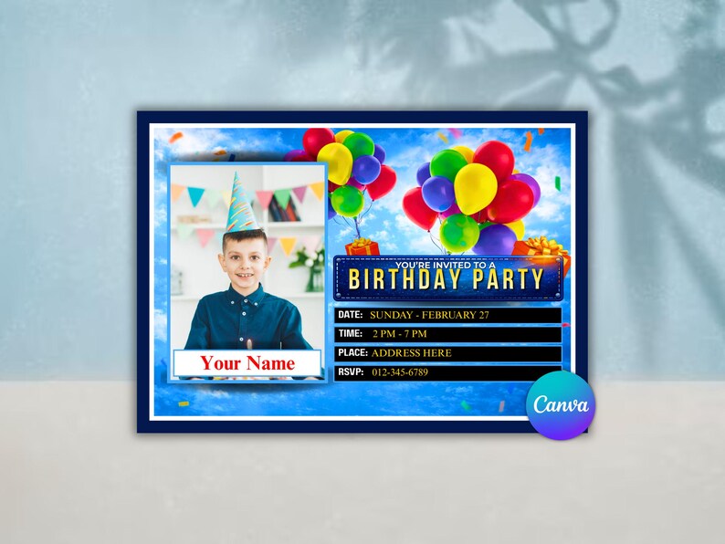 Editable Kids Birthday Invitation, Balloon Party Photo Invite Template ...