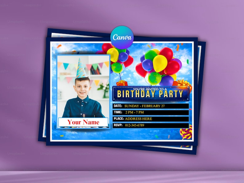 Editable Kids Birthday Invitation, Balloon Party Photo Invite Template ...