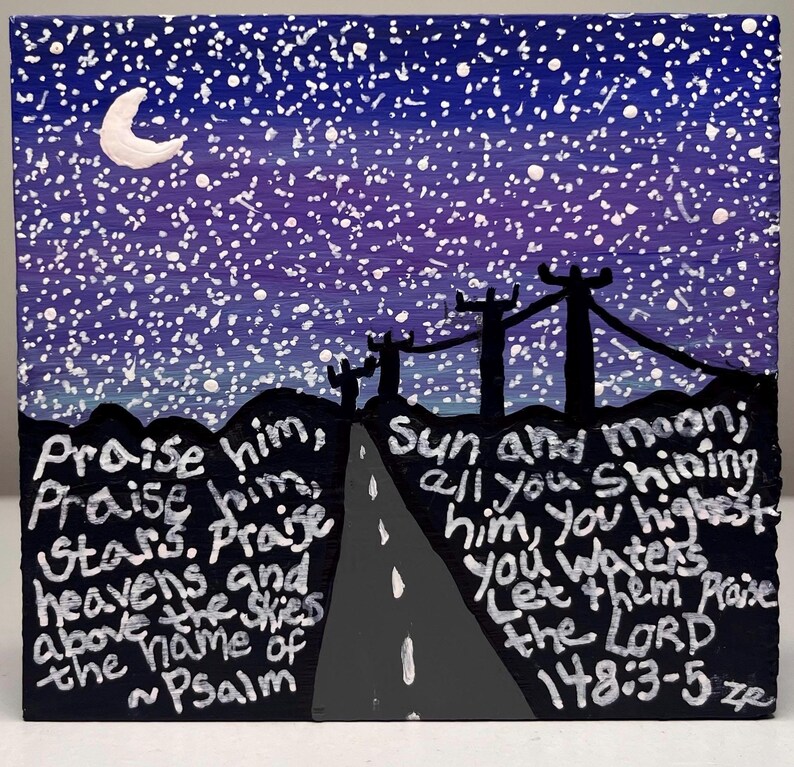 Starry Night Bible Verse Art - Psalm 148:3-5- Hand Painted-christian ...