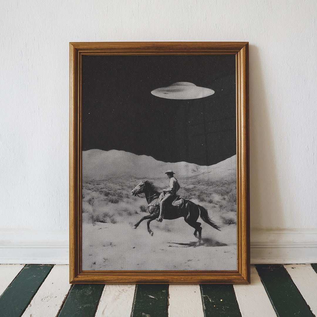 Vintage Space Cowboys and Aliens Wall Art, Retro Black and White ...