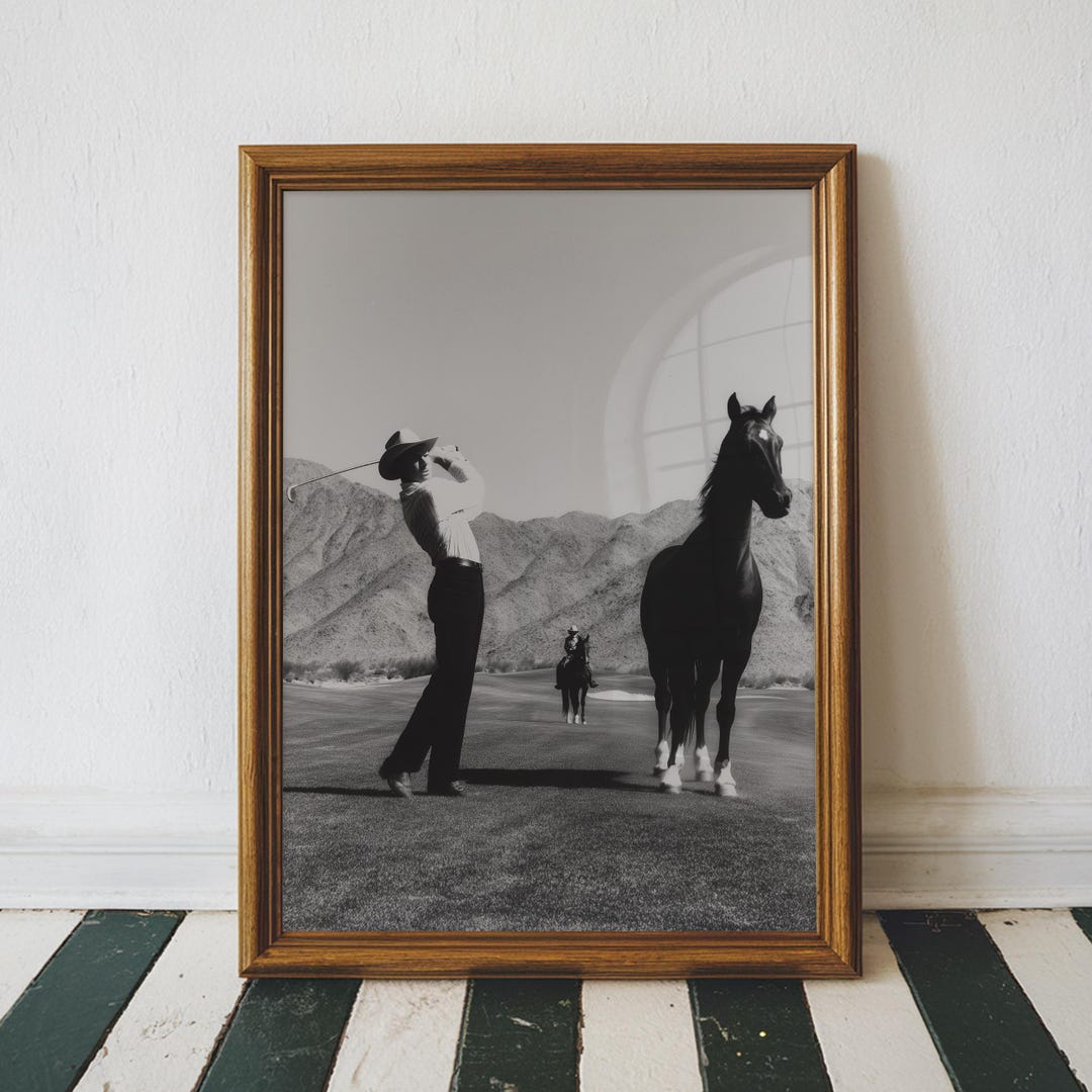 Vintage Cowboy Golf Poster Wall Art, Retro Black and White Western Golf ...