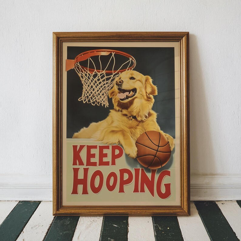 Funny Golden Retriever Basketball Art Print, Vintage Dog Poster ...