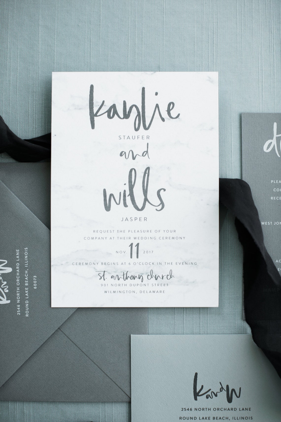 Kaylie Marble Wedding Invitation Suite // White Ink on Gray | Etsy