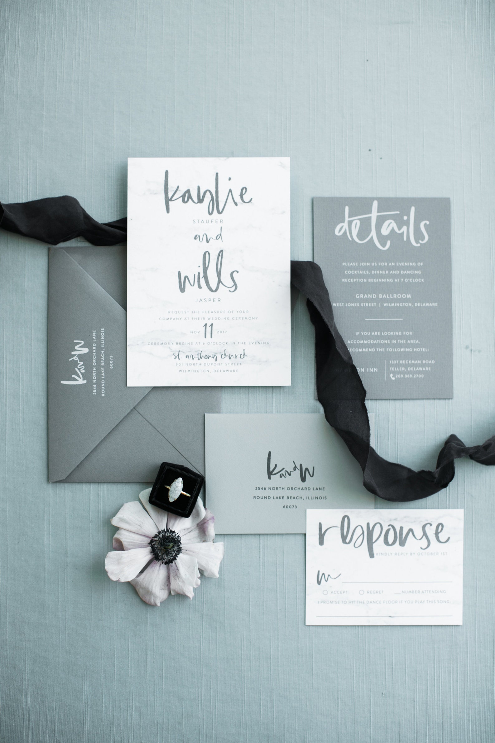 Kaylie Marble Wedding Invitation Suite // White Ink on Gray | Etsy