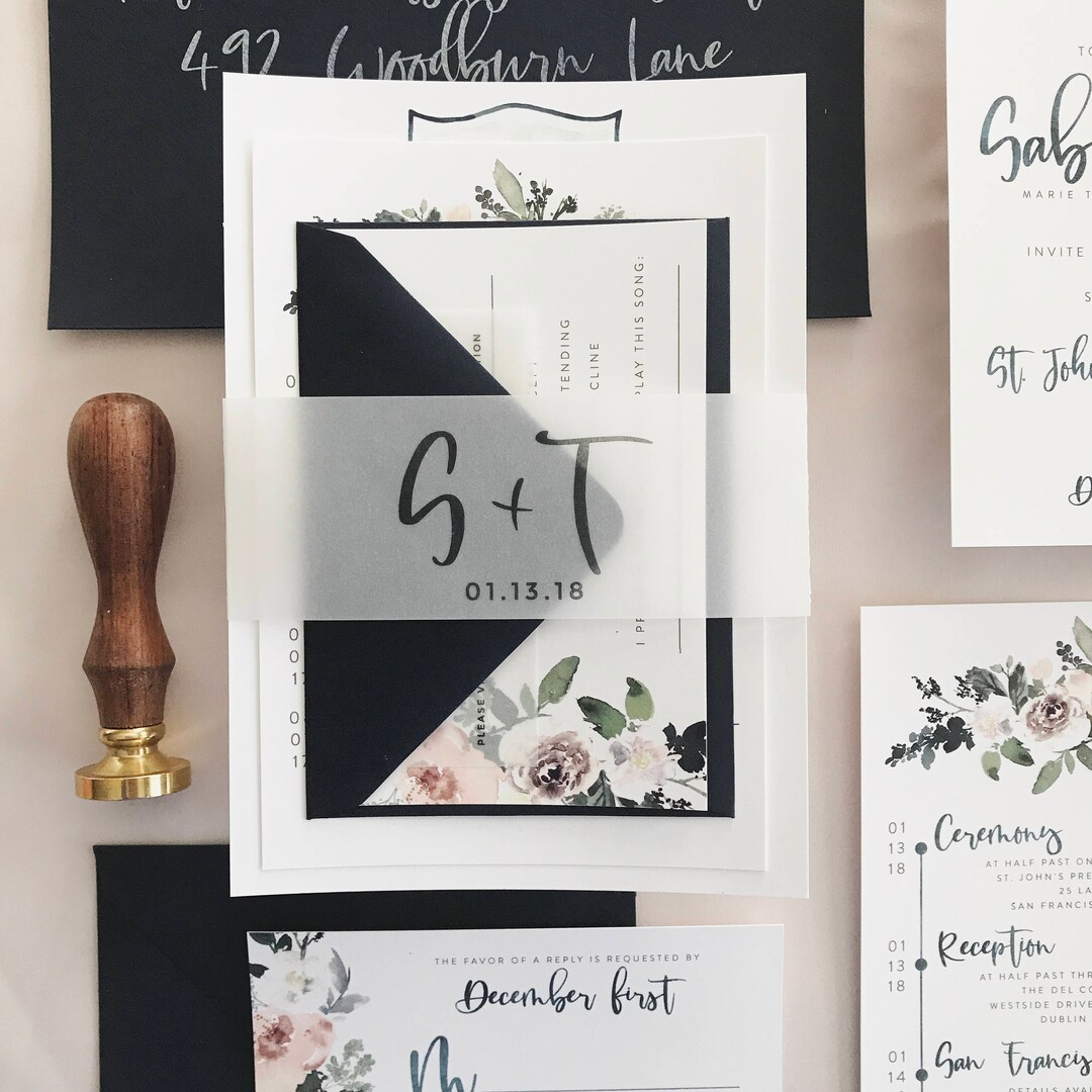 Sabrina Watercolor Floral Wedding Invitation Suite // Navy and Blush ...