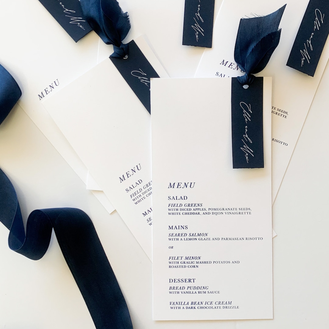 Elle Menu // Calligraphy Vellum // White Navy // Customizable - Etsy