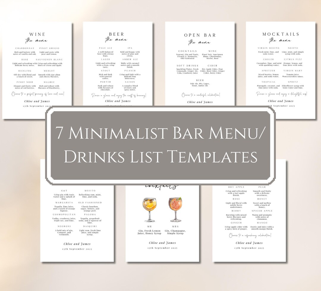 Minimalist Wedding Bar Menu Templates 2 SIZES, Drinks List Templates ...
