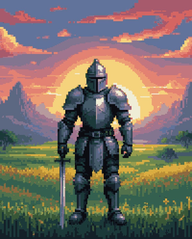 Pixel Art Knight Wallpaper Sunrise Mountains Sword Fantasy Scene - Etsy