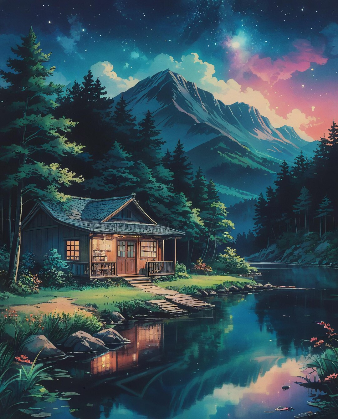 Vintage Anime Cabin Wallpaper Lake Night Sky Stars Mountains Forest - Etsy