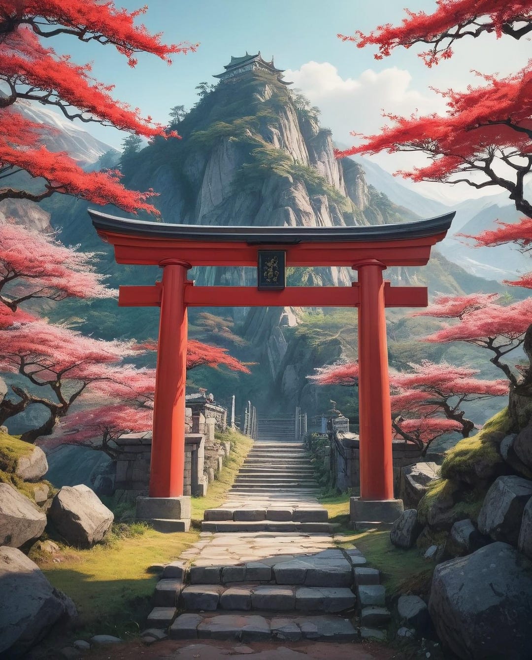 Torii Gate Waterfall Landscape Wallpaper Red Trees Cliff Nature Scene ...