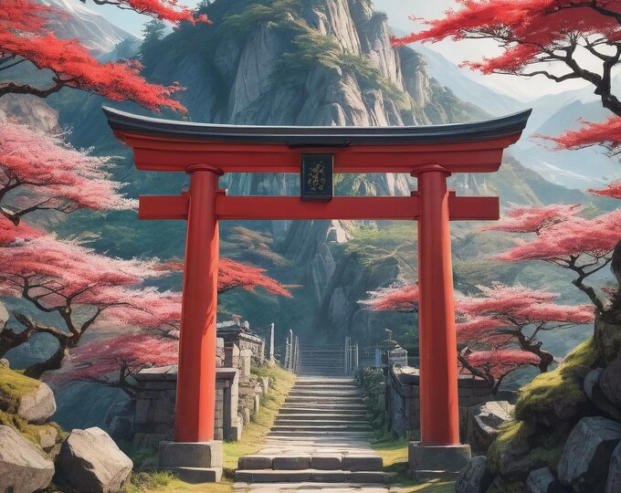 Torii Gate Waterfall Landscape Wallpaper Red Trees Cliff Nature Scene ...