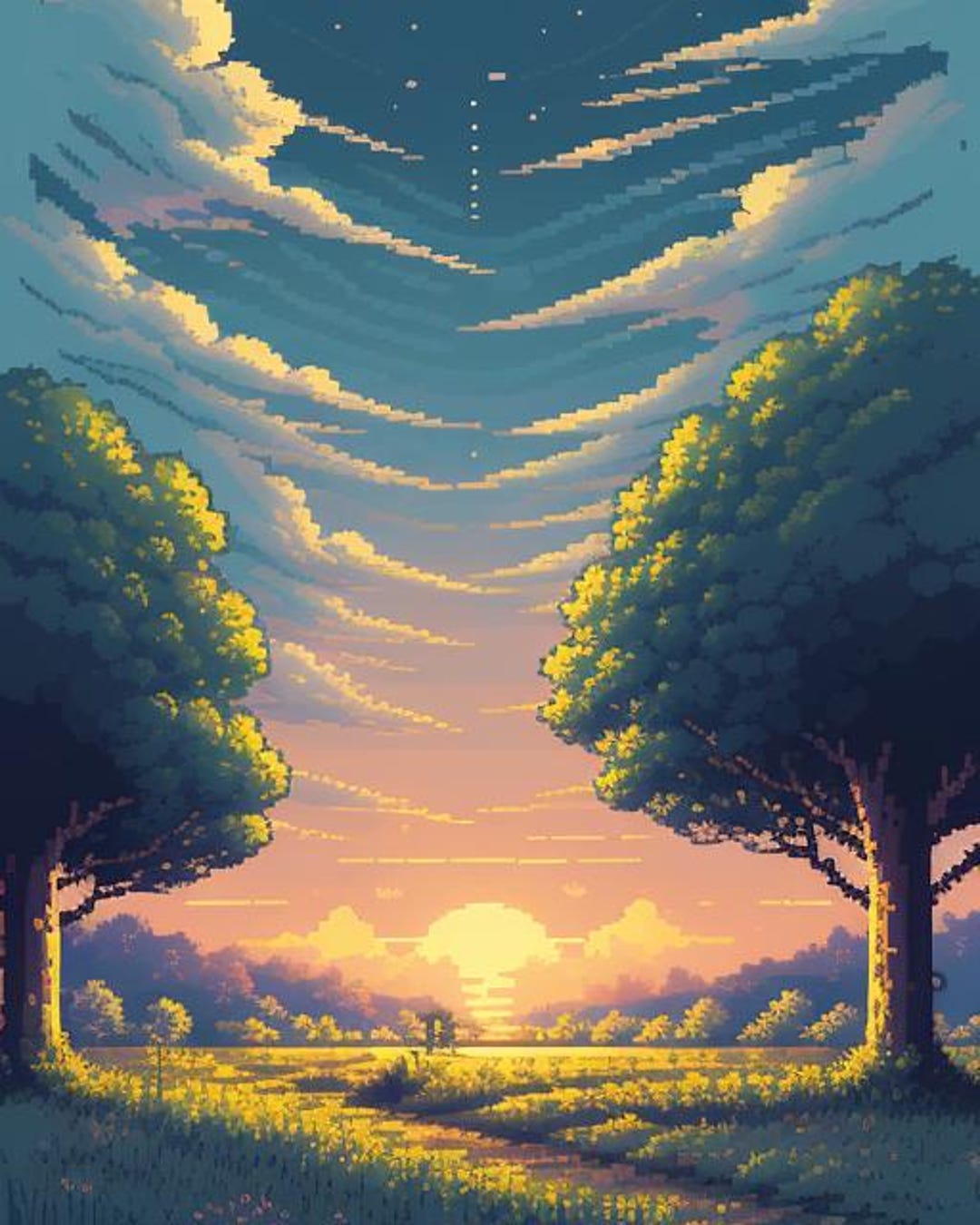 Sunset Cornfield Wallpaper Pixel Art Trees Cloudy Sky Evening Scene - Etsy