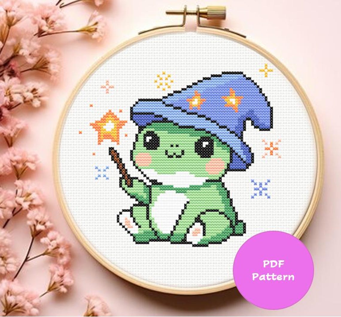 Happy Wizard Froggy Cross Stitch PDF Pattern, Beginner-friendly - Cute Animal Frog, Magic and ...