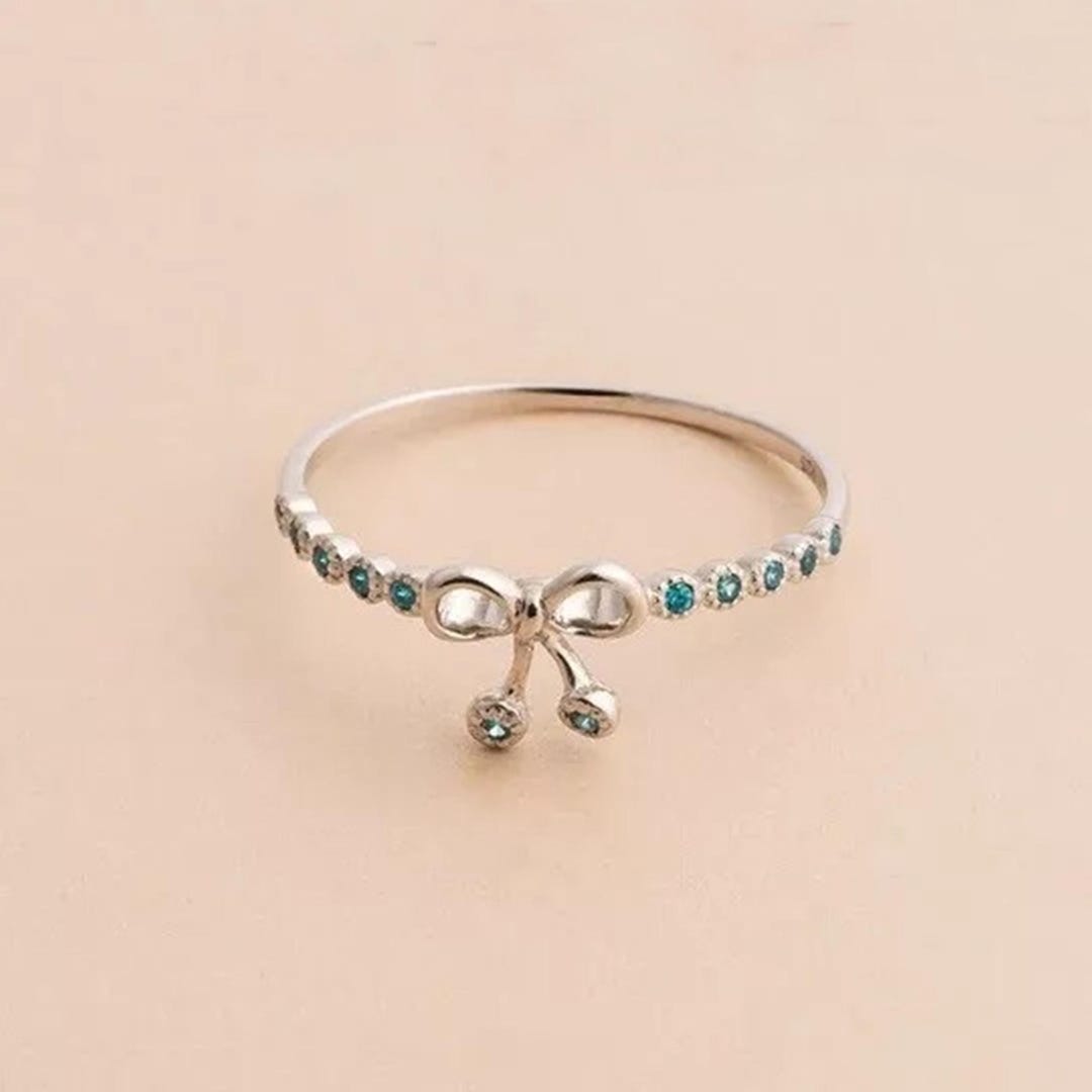 Dainty Bow Ring, Aqua Round CZ Stone Dainty Ribbon Ring, Delicate Ring ...