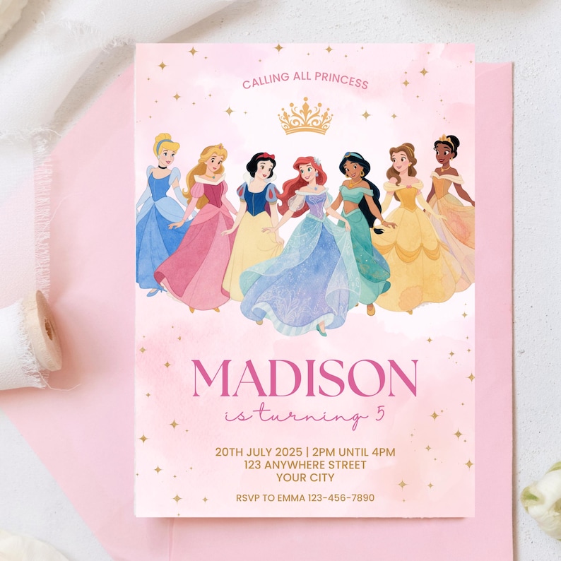 Princess Birthday Invitation: Editable Watercolor Pink Princess Party ...