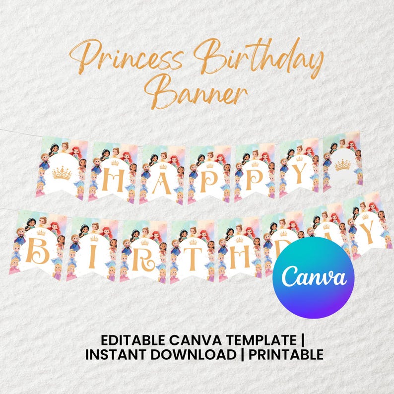 Princess Birthday Banner: Editable Princess Party Decoration (canva ...