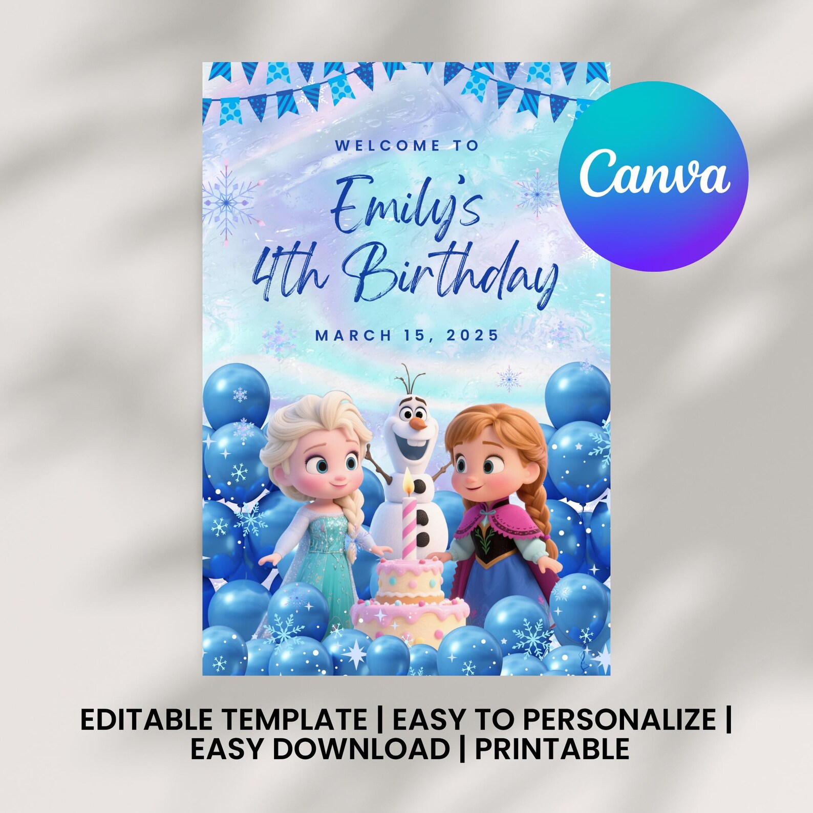 Editable Frozen Birthday Welcome Sign: Elsa and Anna Party Decor (canva ...