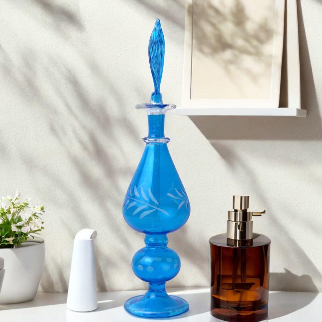 Blue Engraved Glass Perfume Bottle - Hand Blown Egyptian Glass Decanter ...