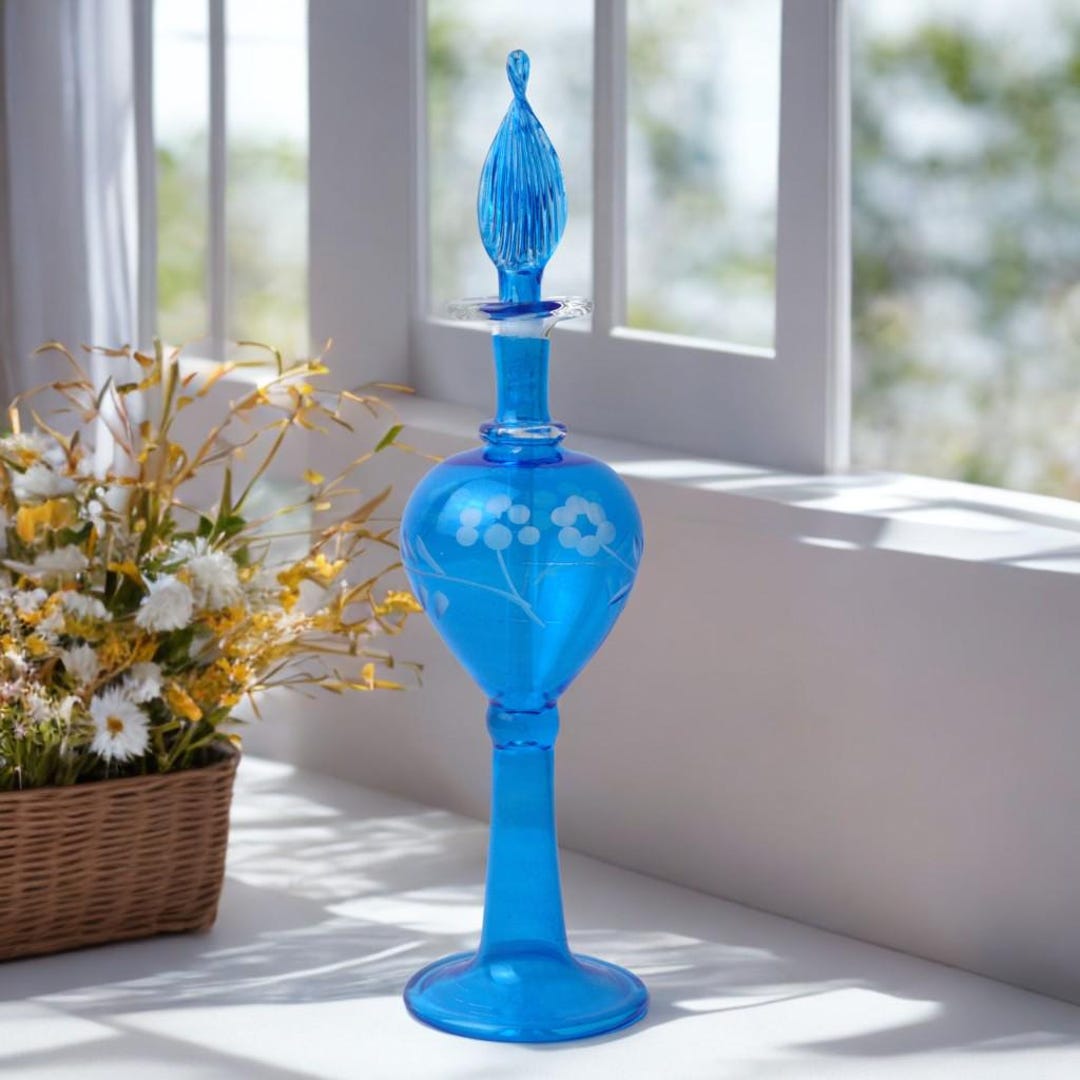 Hand Blown Blue Glass Perfume Bottle - Engraved Egyptian Glass Decanter ...
