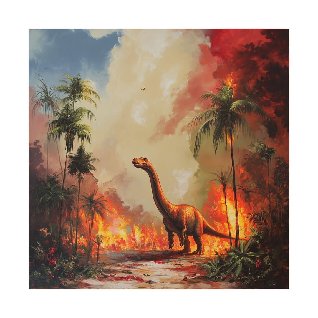Satin Poster, Brontosaurus Dinosaur Landscape on Fire, Wall Art, Home ...