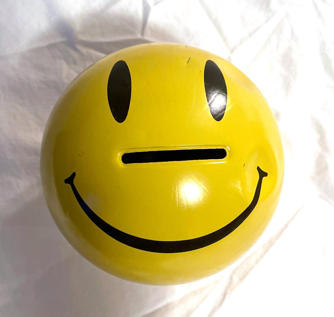 Rare Yellow Smiley Face Coin Money Piggy Bank Metal Tin Vintage 90s ...