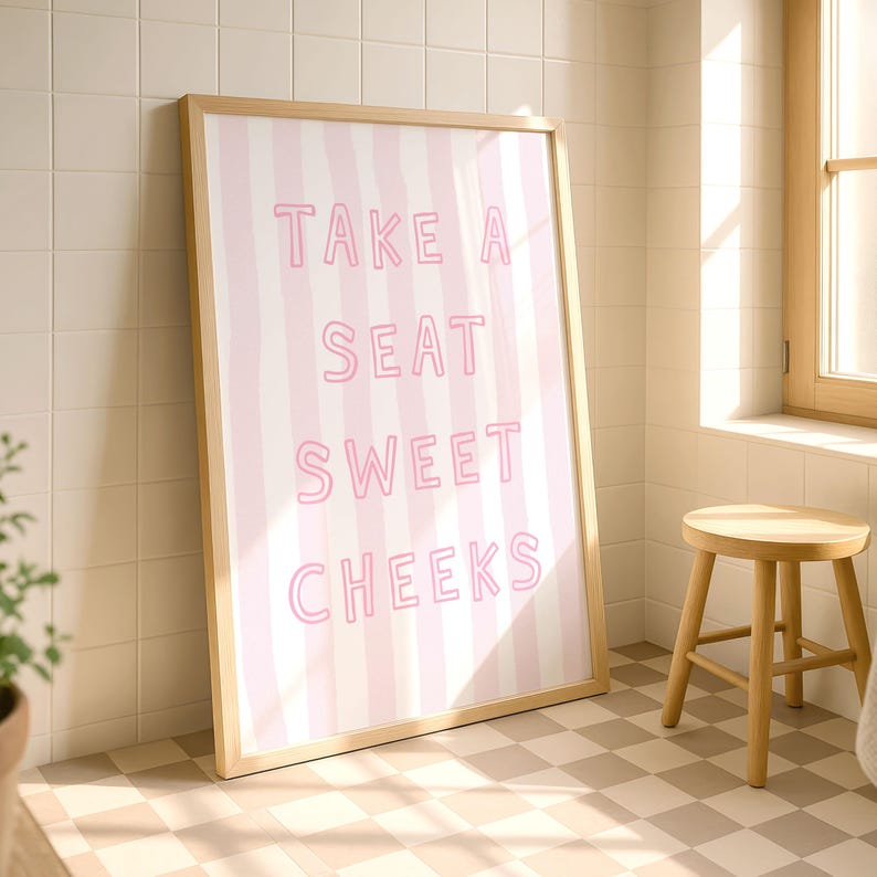 Take A Seat Sweet Cheeks Bathroom Print, Pink Funny Bathroom Wall Art ...