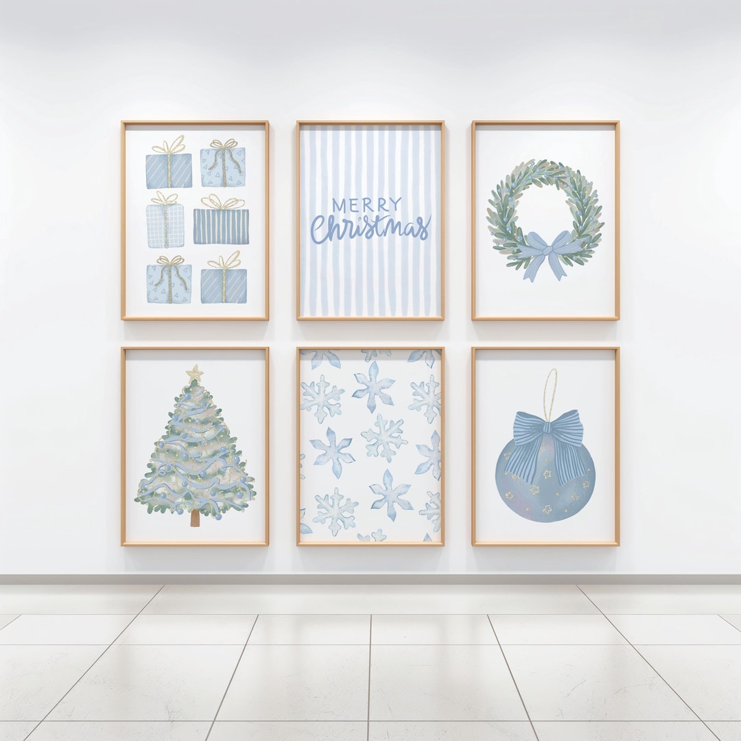 Blue Christmas Printable Wall Art Set of 6: Festive Holiday Poster ...