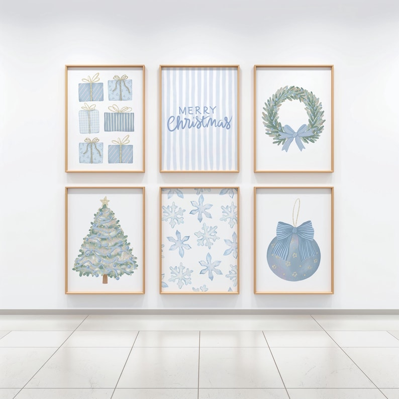 Blue Christmas Printable Wall Art Set of 6: Festive Holiday Poster ...